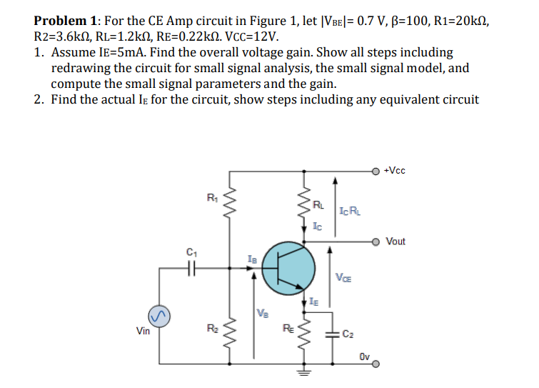 Solved Problem 1: For the CE Amp circuit in Figure 1, ﻿let | Chegg.com