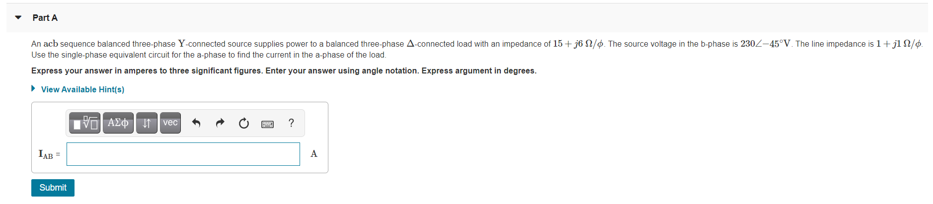 Solved Part A An acb sequence balanced three-phase | Chegg.com