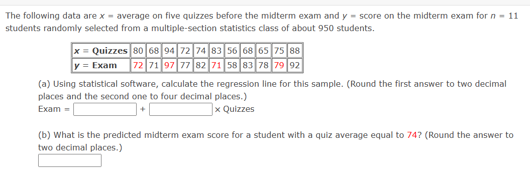 following data are x= average on five quizzes before | Chegg.com