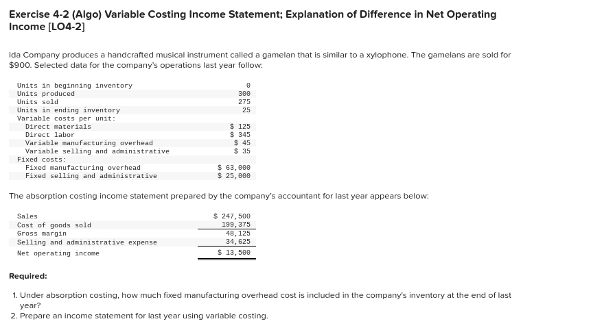 Solved Exercise 4-2 (Algo) Variable Costing Income | Chegg.com