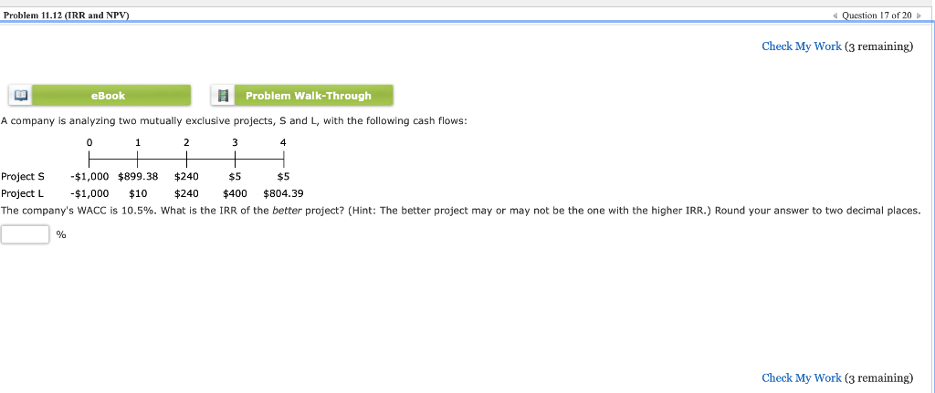 Solved Problem 11.12 (IRR and NPV) Question 17 of 20 Check | Chegg.com