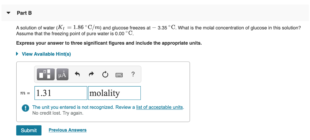 Solved Part B A solution of water (Kf = 1.86 °C/m) and | Chegg.com