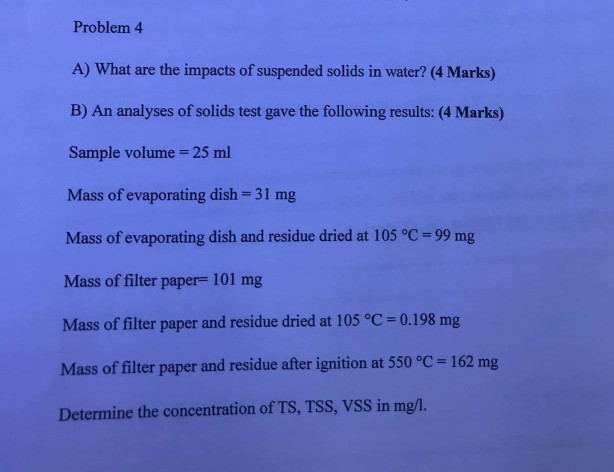 Solved Problem 4 A) What are the impacts of suspended solids | Chegg.com