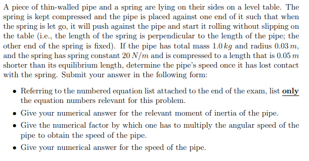 Solved A piece of thin-walled pipe and a spring are lying on | Chegg.com