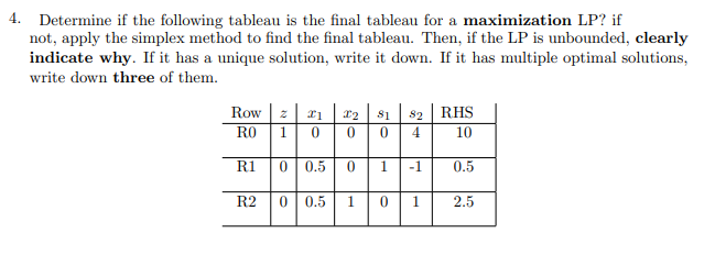 Solved 4. Determine if the following tableau is the final | Chegg.com
