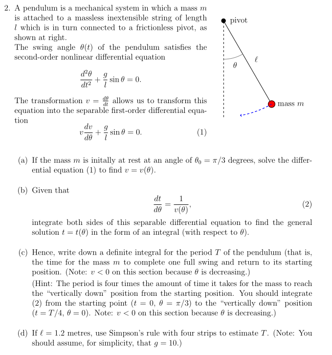 Solved pivot 2. A pendulum is a mechanical system in which a | Chegg.com