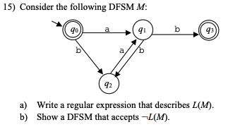 Solved 15) Consider the following DFSM M: 90 a 91 b 93 b 92 | Chegg.com