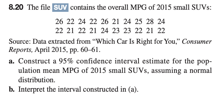 Solved 8.20 The file contains the overall MPG of 2015 small | Chegg.com