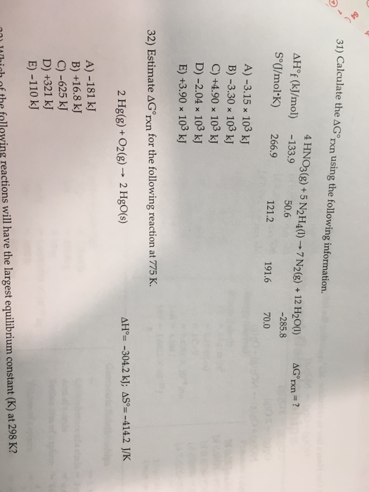 Solved 31) Calculate the AG rxn using the following | Chegg.com