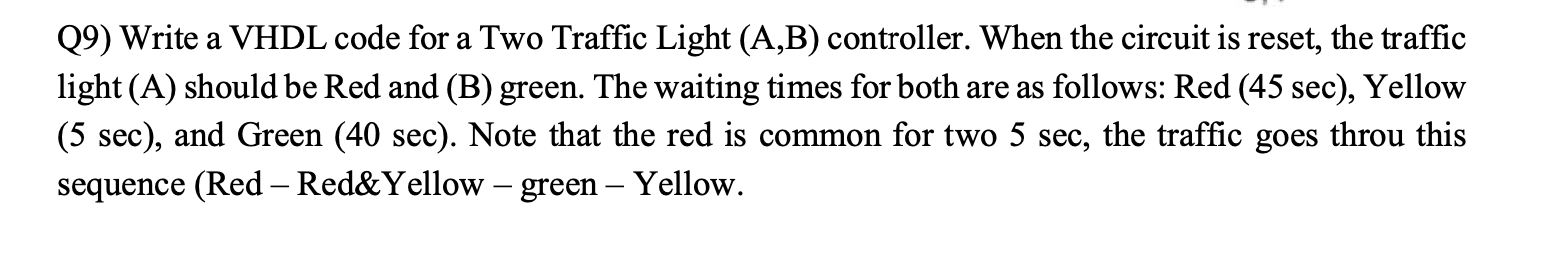 Solved Q9) Write a VHDL code for a Two Traffic Light (A,B) | Chegg.com