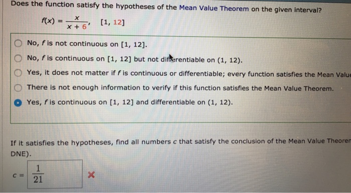 Solved Does the function satisfy the hypotheses of the Mean | Chegg.com