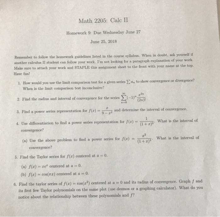Solved Math 2205: Calc II Homework 9: Due Wednesday June 27 | Chegg.com