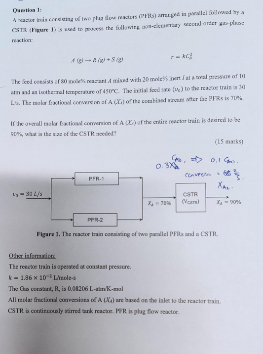 Solved Question 1: A reactor train consisting of two plug | Chegg.com