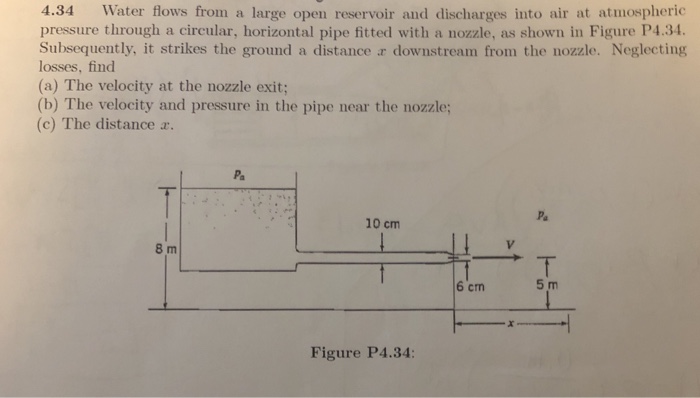 Solved 4.34 Water flows from a large open reservoir and | Chegg.com