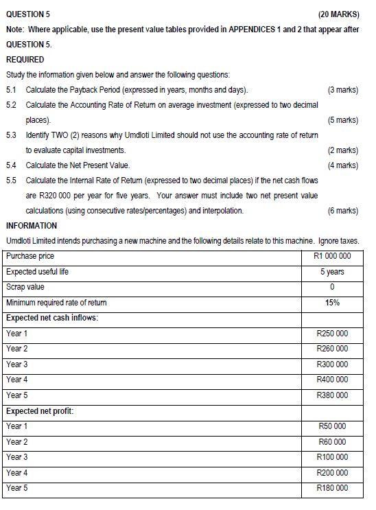 Solved QUESTION 5(20 MARKS)Note: Where applicable, use the | Chegg.com