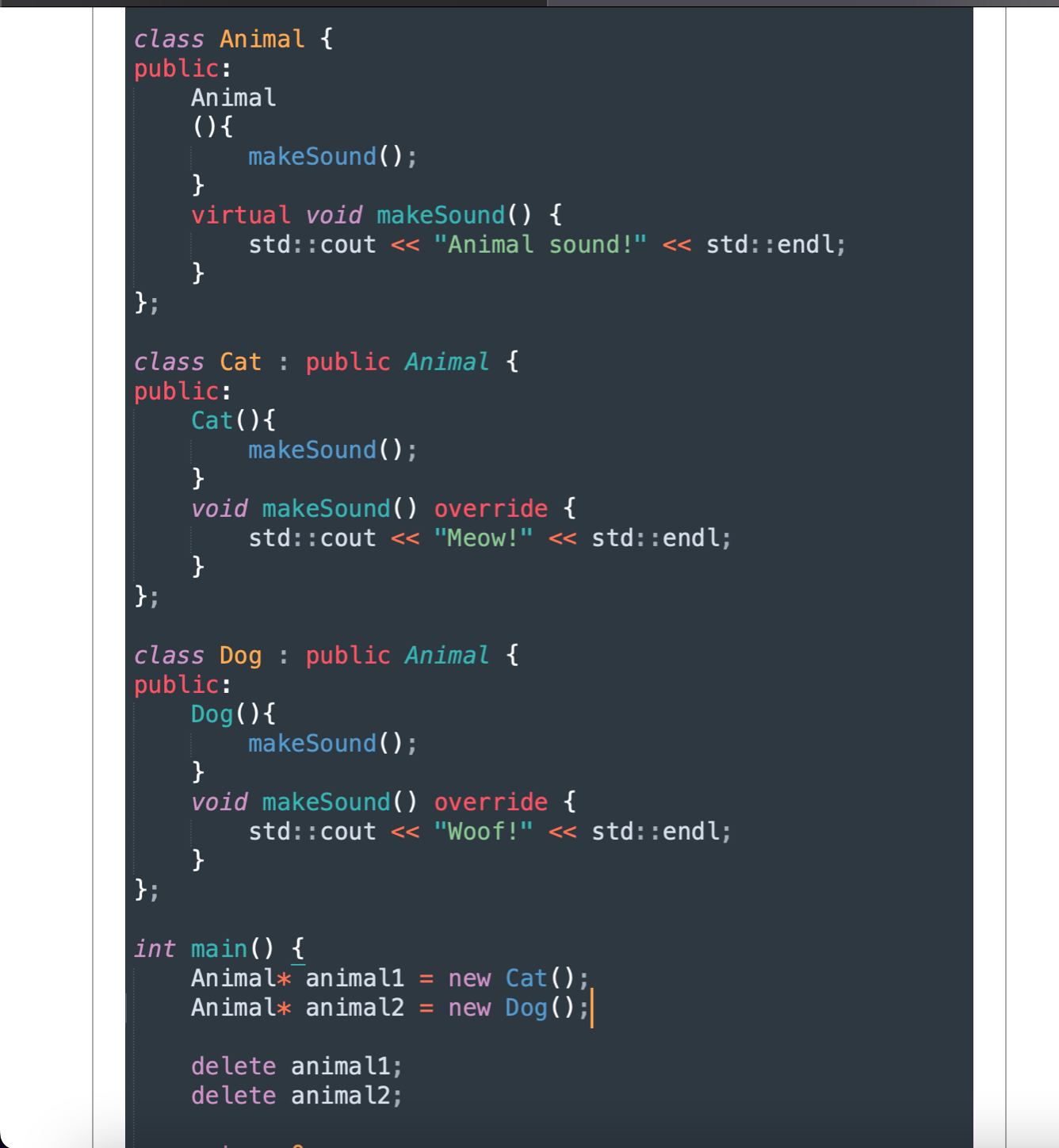 Solved class Animal \{ public: Animal () \{ makeSound ( ) ; | Chegg.com