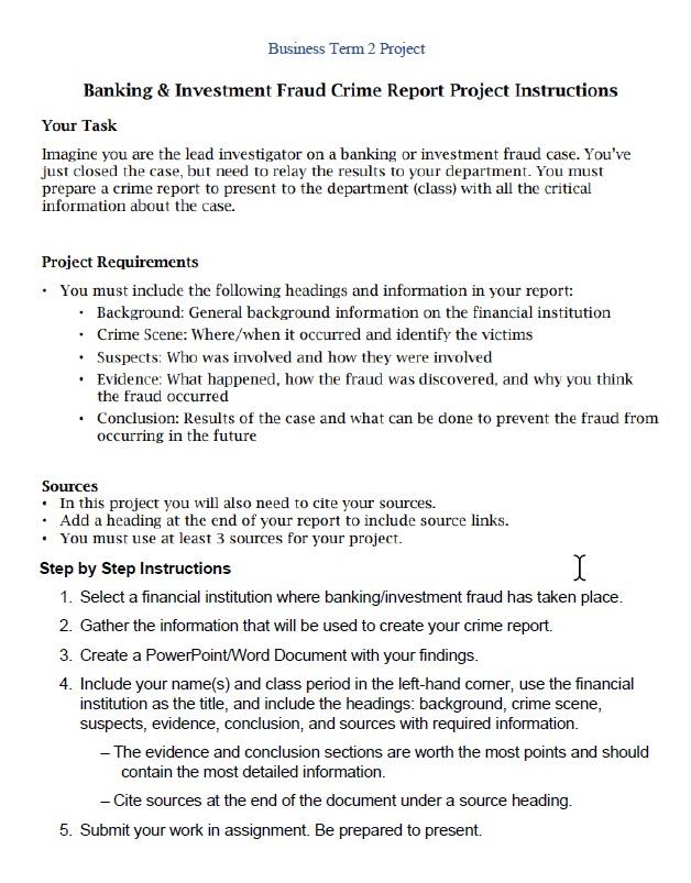 Business Term 2 Project Banking & Investment Fraud | Chegg.com