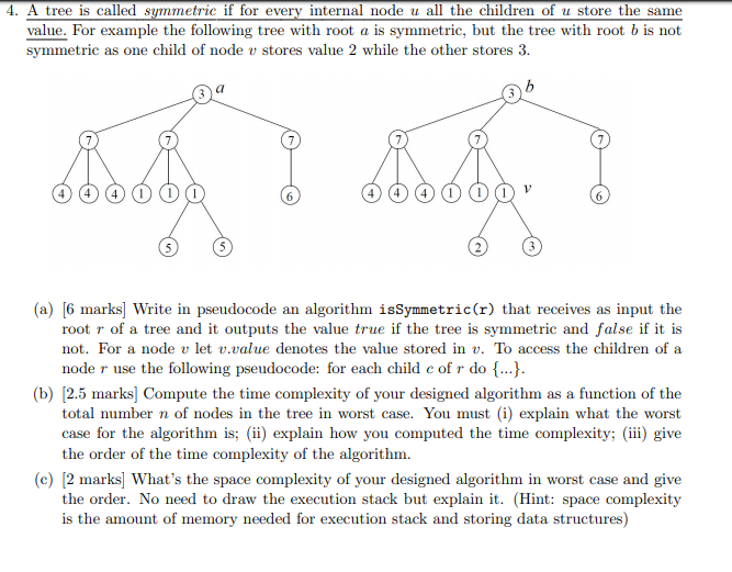 Solved 4. A tree is called symmetric if for every internal | Chegg.com