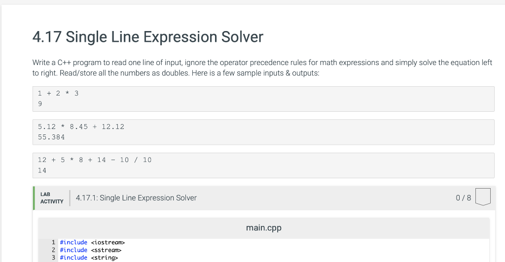 4.17 Single Line Expression Solver Write a C++ | Chegg.com