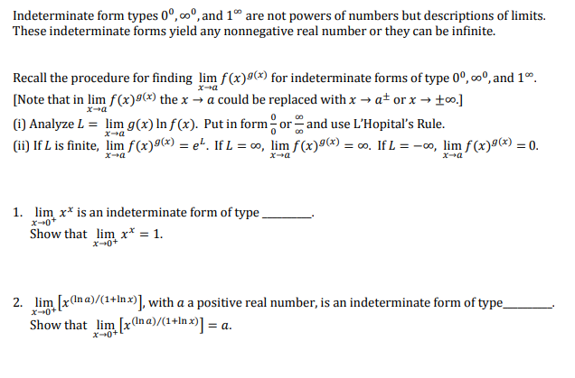 Solved Indeterminate form types 0º,00, and 1” are not powers | Chegg.com