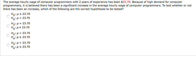 Solved The average hourly wage of computer programmers with | Chegg.com