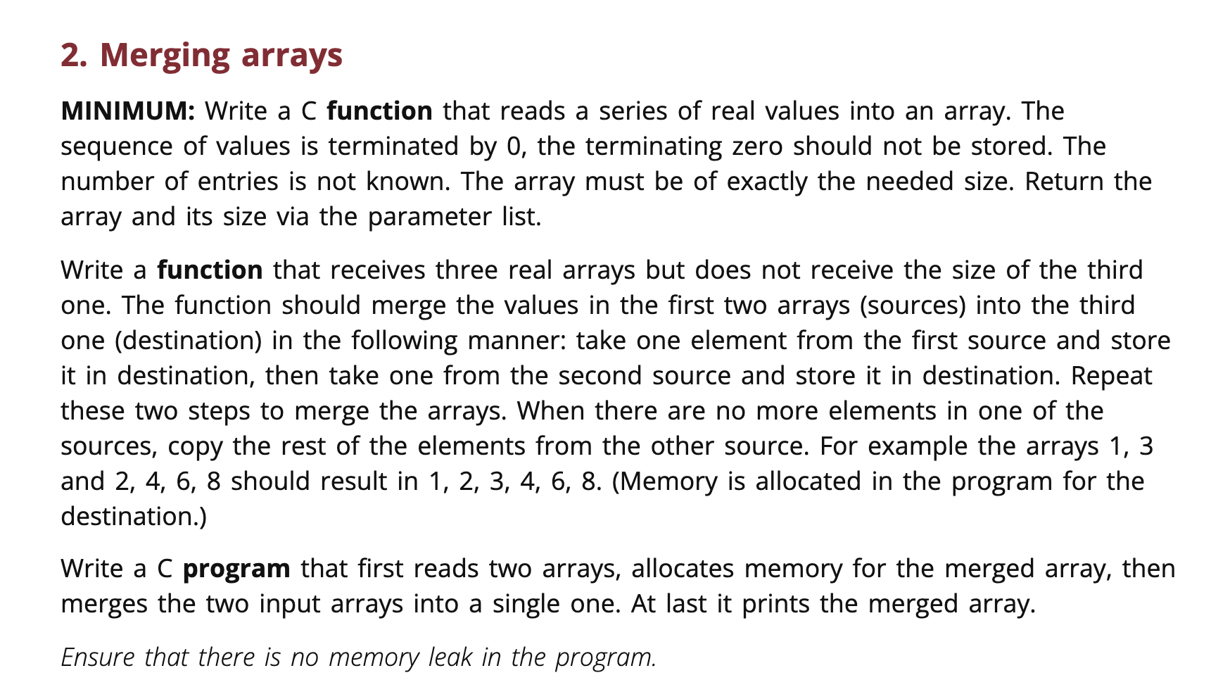 Solved 2 Merging Arrays Minimum Write A C Function That 2664