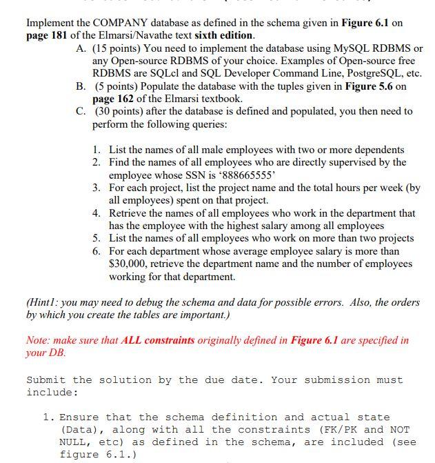 Implement the COMPANY database as defined in the | Chegg.com