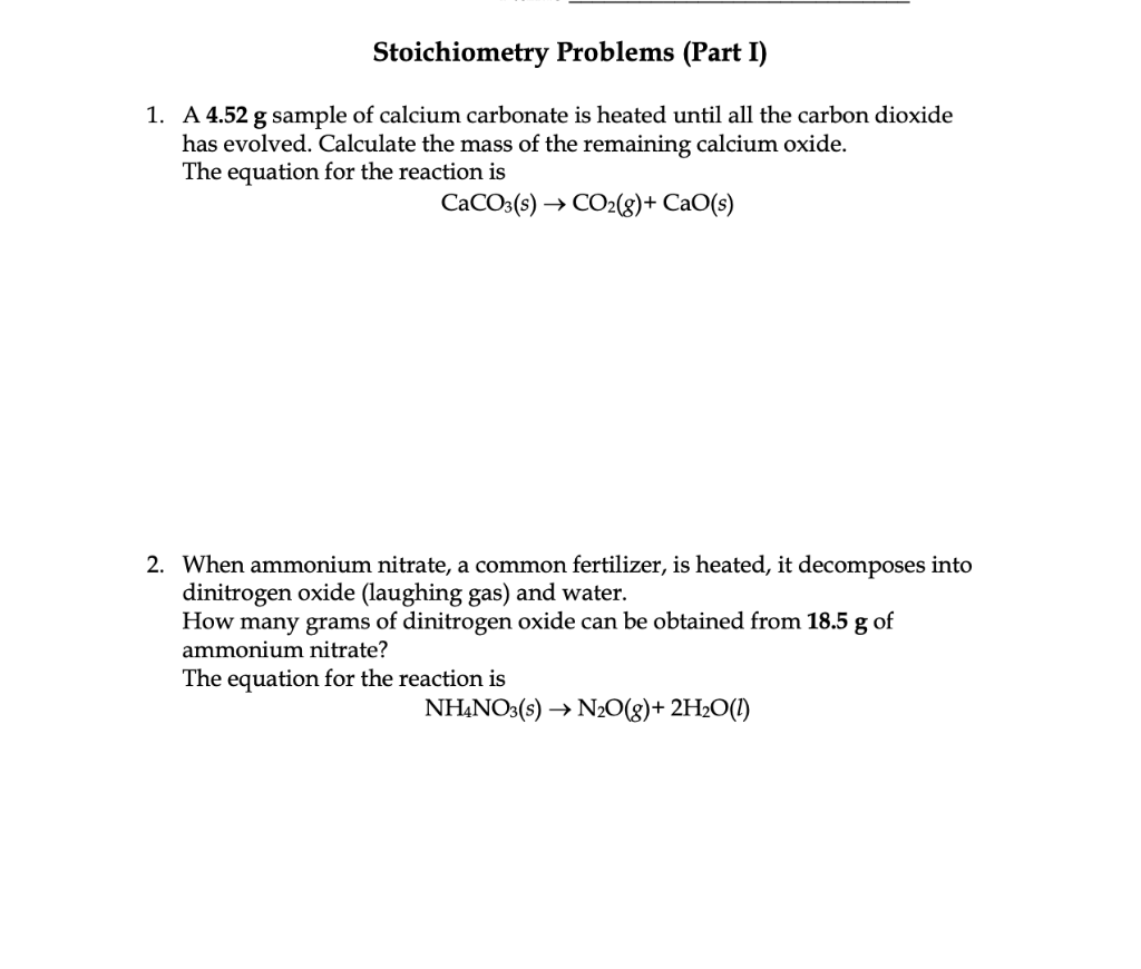 Solved Stoichiometry Problems (Part I) 1. A 4.52 g sample of | Chegg.com