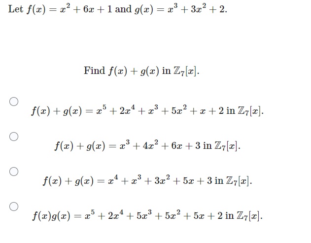 Solved Let f(x)=x2+6x+1 and g(x)=x3+3x2+2. Find f(x)+g(x) in | Chegg.com