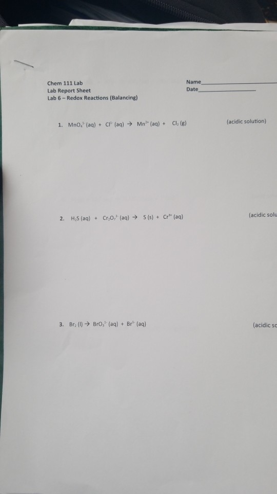 Solved Chem 111 Lab Lab Report Sheet Lab 6 - Redox Reactions | Chegg.com