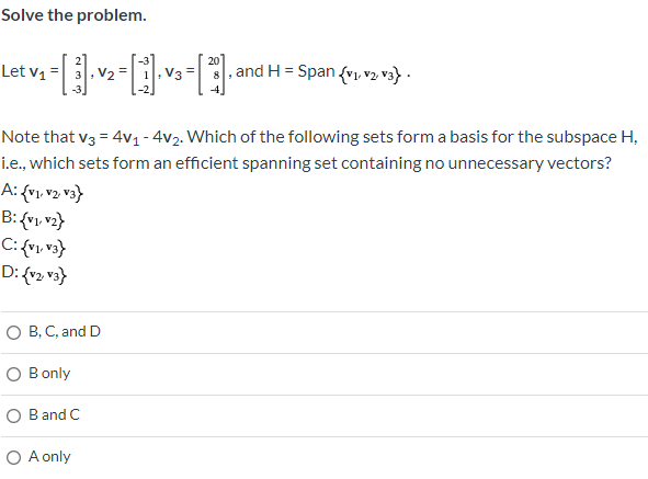 Solved Solve the problem. 20 Let va=( V2 V3 , and H = Span | Chegg.com