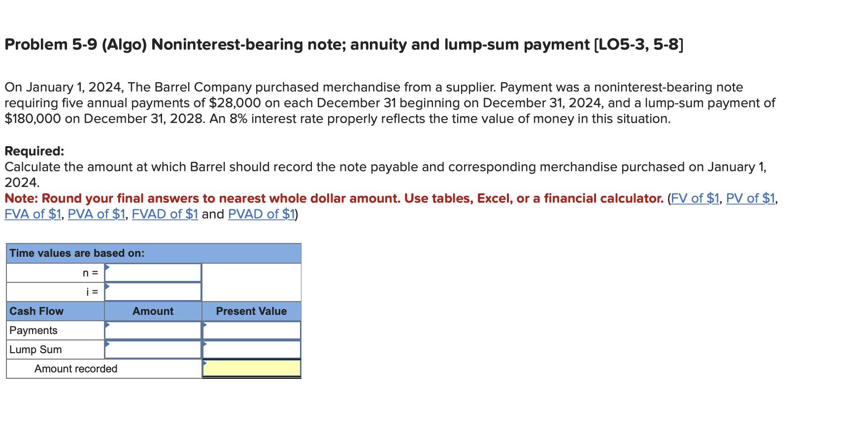 Solved Problem 5-9 (Algo) ﻿Noninterest-bearing note; annuity | Chegg.com