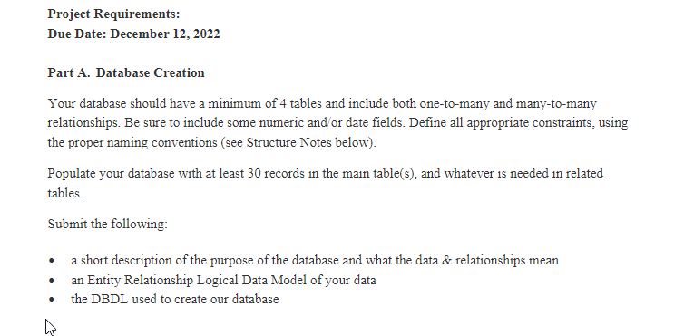 Solved Part A. Database Creation Your database should have a | Chegg.com