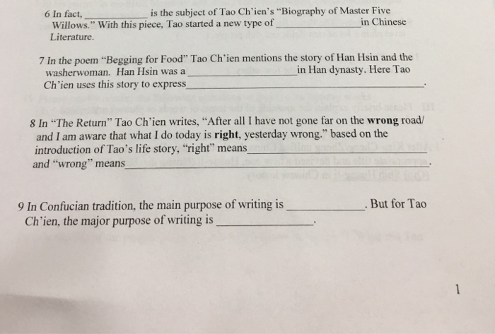 6 In fact, is the subject of Tao Ch'ien's "Biography | Chegg.com