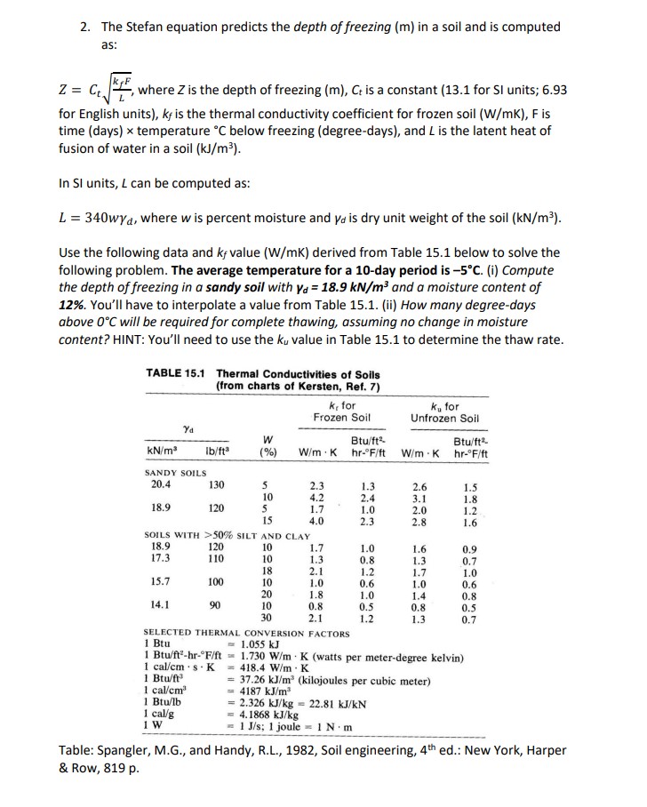 Solved 2. The Stefan equation predicts the depth of freezing | Chegg.com