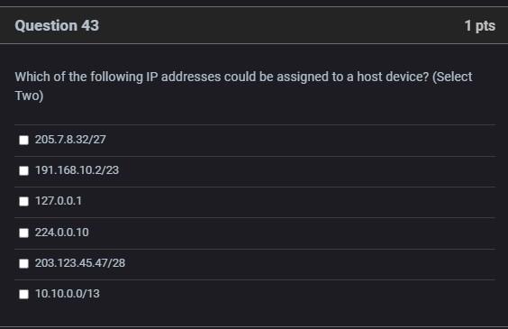Solved Question 43 1 pts Which of the following IP addresses | Chegg.com