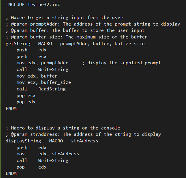 Solved INCLUDE Irvine32.inc ; Macro to get a string input | Chegg.com