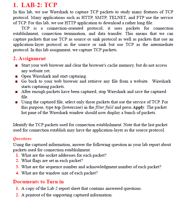 Solved 1. LAB-2: TCP In this lab, we use Wireshark to | Chegg.com