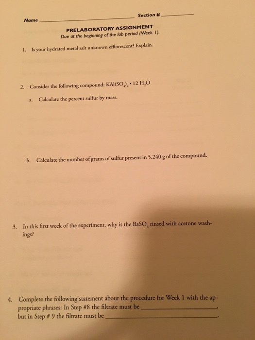 Solved Section # - Name PRELABORATORY ASSIGNMENT Due at the | Chegg.com