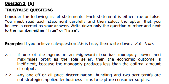 Solved Question 2 [5] TRUE/FALSE QUESTIONS Consider the | Chegg.com