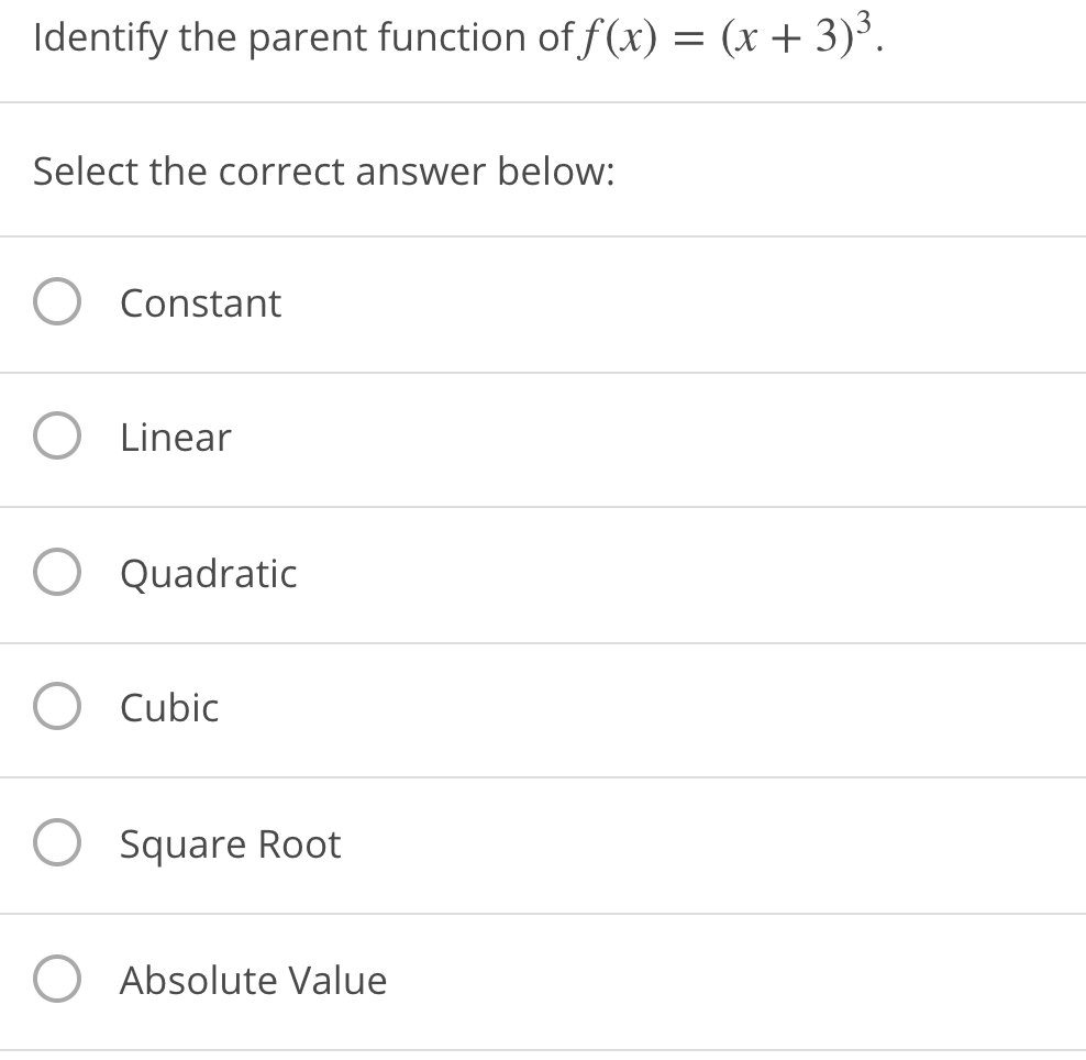 Solved Identify the parent function of f(x) = (x + 3)3. | Chegg.com
