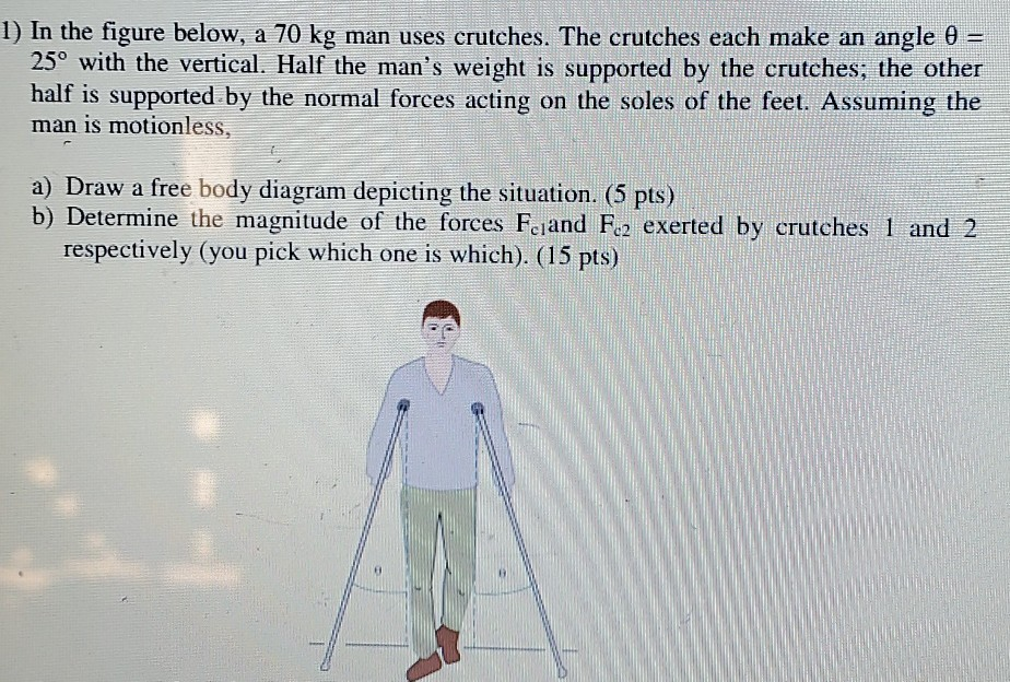 Solved 1) In the figure below, a 70 kg man uses crutches. | Chegg.com