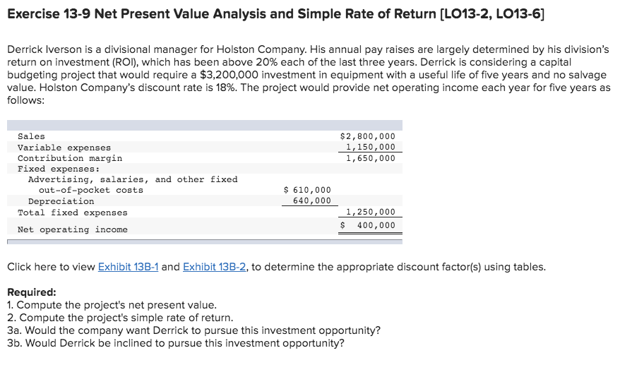 Solved Exercise 13-9 Net Present Value Analysis and Simple | Chegg.com