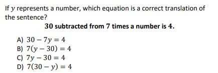 Solved 30 ﻿subtracted from 7 ﻿times a number is 4If y | Chegg.com