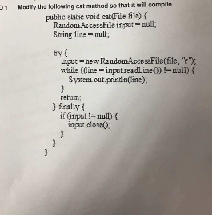 Solved 01 Modify the following cat method so that it will | Chegg.com