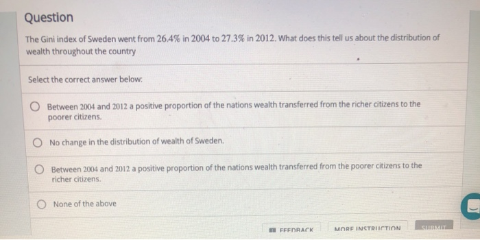 Solved Question The Gini index of Sweden went from 26,4% in | Chegg.com