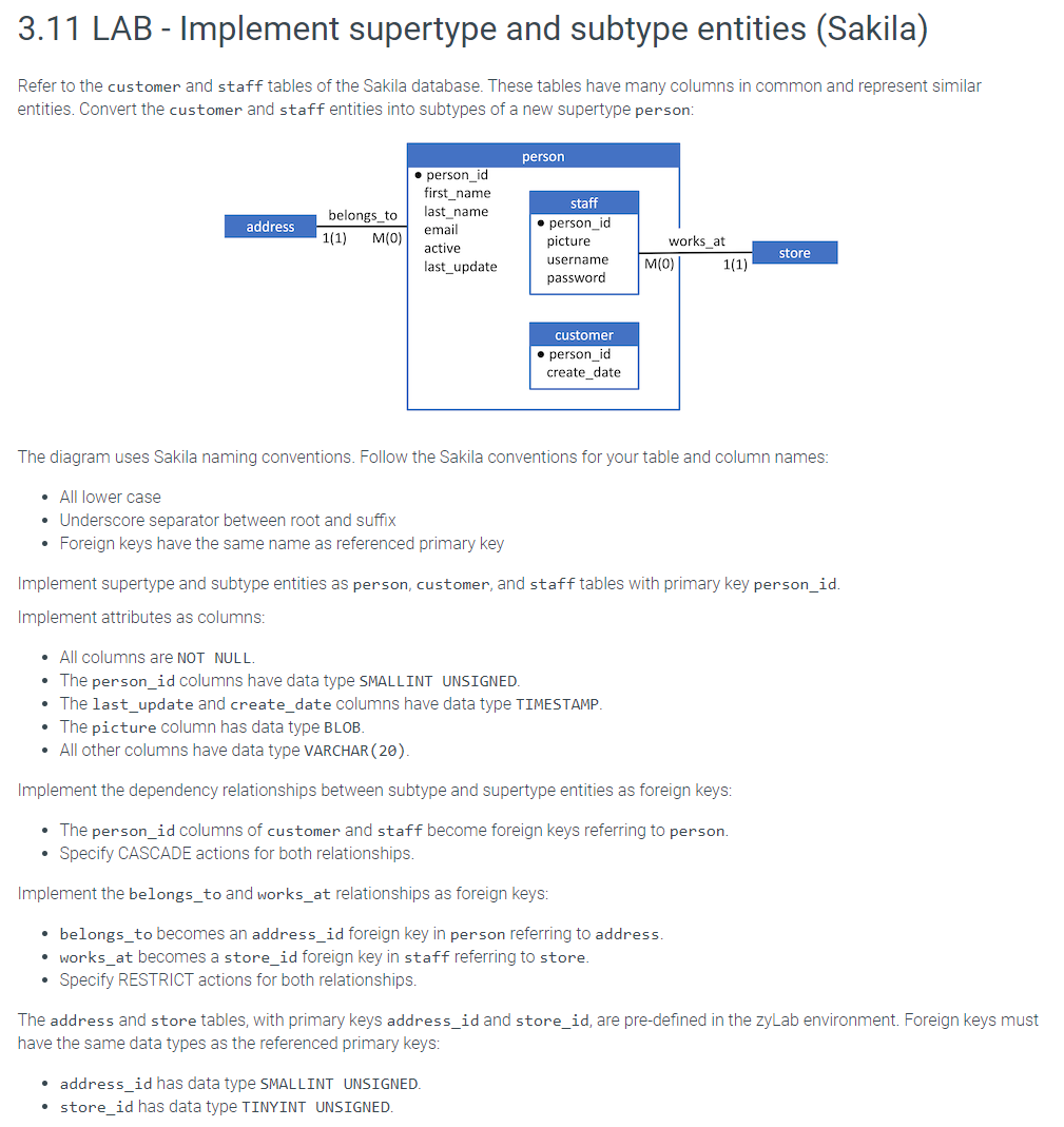 Solved 3.11 LAB - Implement supertype and subtype entities | Chegg.com