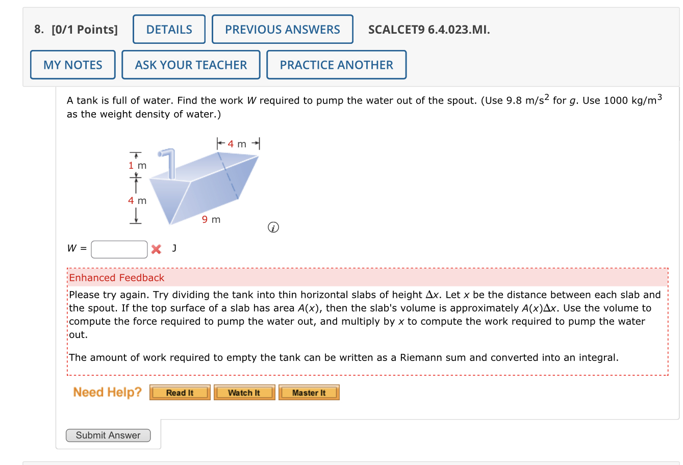 Solved A tank is full of water. Find the work W required to | Chegg.com
