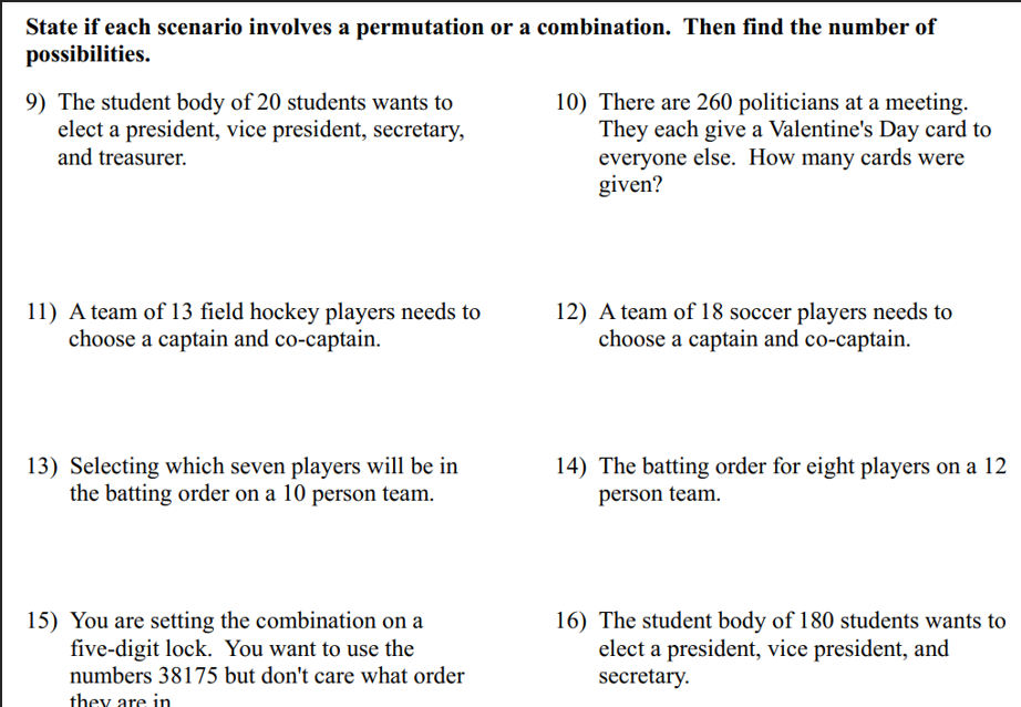Solved State if each scenario involves a permutation or a | Chegg.com