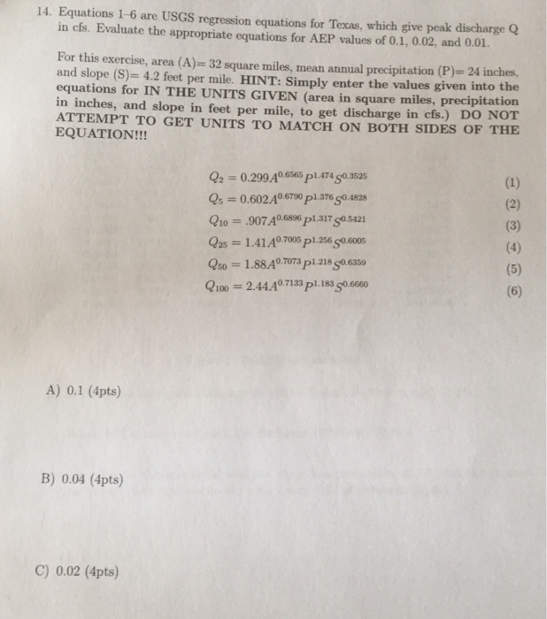 Solved 14. Equations 1-6 are USGS regression equations for | Chegg.com